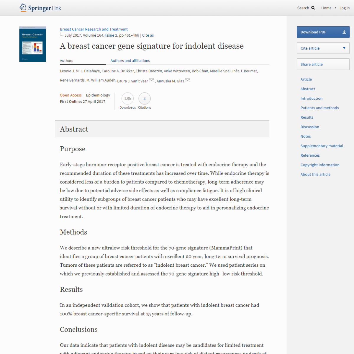 A Breast Cancer Gene Signature for Indolent Disease - Agendia